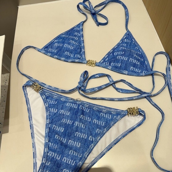 Miu Miu | Swim | Miu Miu Swim Set Blue Logo Print String Bikini | Poshmark